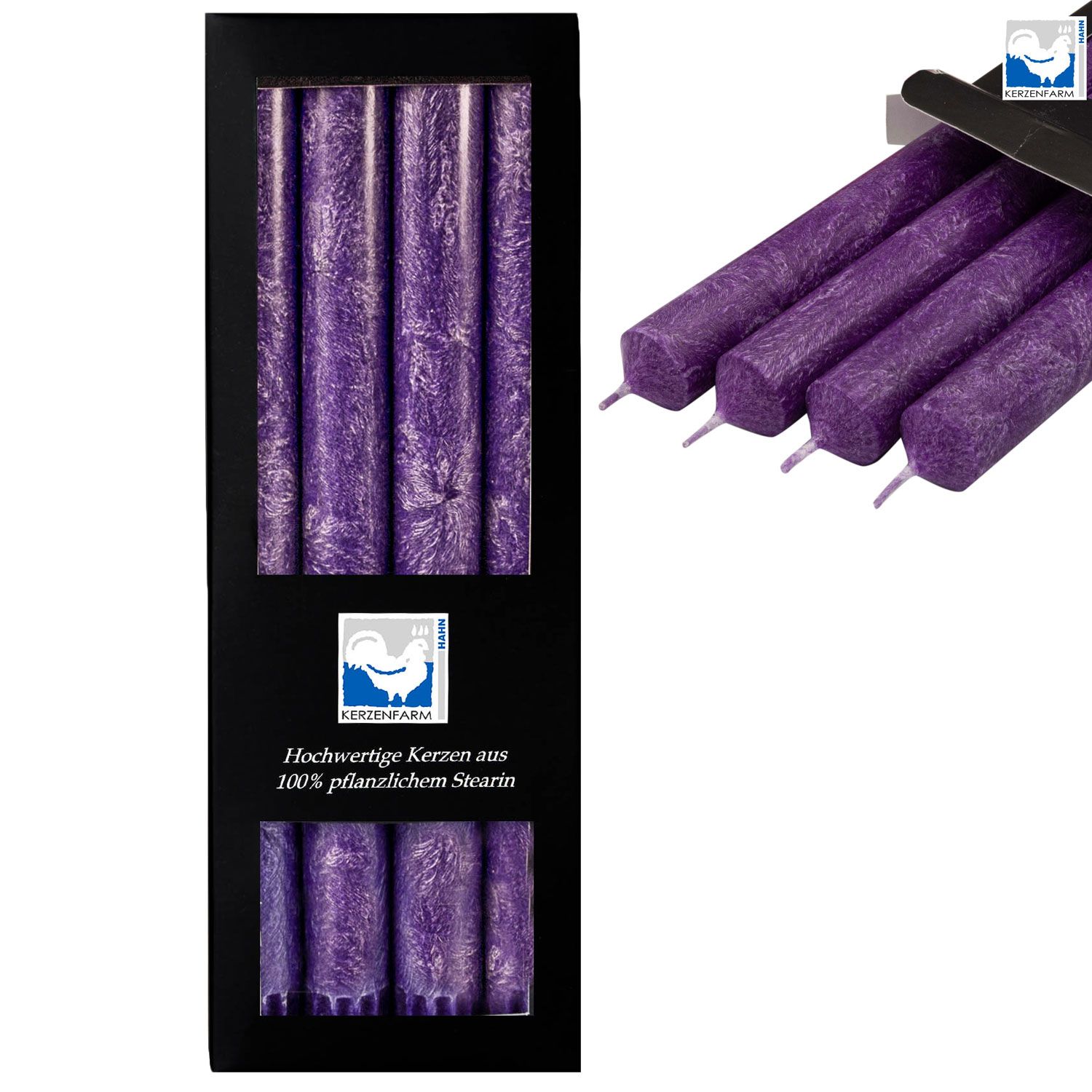 4 Stearin Stabkerzen Violett 250 x 22 mm Kerzenfarm Set bei Riemax