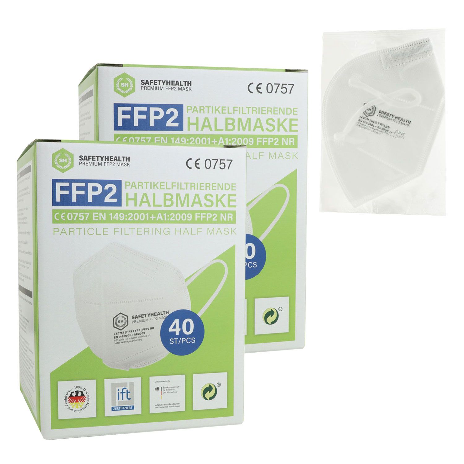 SAFETYHEALTH Premium FFP2 Mundschutz 80 x Maske Schutzmaske EN149:2001+A12009 CE0757 bei Riemax